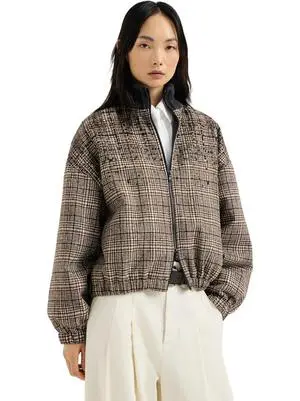 Brunello Cucinelli Checked Alpaca And Wool Bomber Jacket With Dazzling Degradé Embroidery And Thermore® Padding - Brown