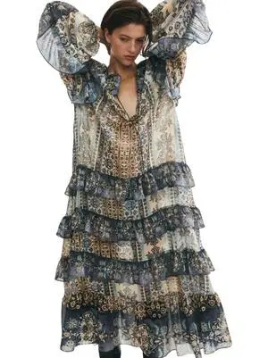 H&M Flounced Tunic Dress - Dark Blue/patterned