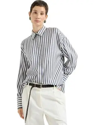 Brunello Cucinelli Wide Stripe Silk Poplin Shirt - Denim