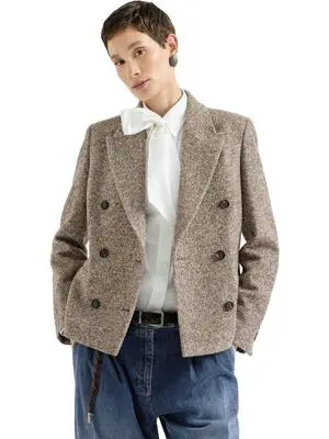 Brunello Cucinelli Virgin Wool And Silk Mélange Diagonal Blazer With Monili - Brown