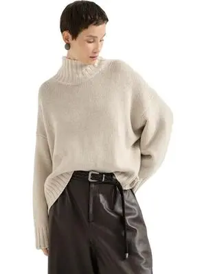 Brunello Cucinelli Cashmere Turtleneck Sweater With Shiny Zipper - Buff