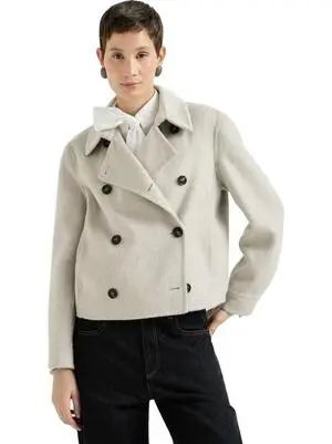 Brunello Cucinelli Hand-crafted Cropped Pea Coat In Cashmere Double Beaver Cloth With Monili - Grey