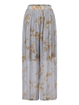 BELSIZE25 Dahlia Series – Floral Print Rayon Wide-leg Trousers - Blue/grey
