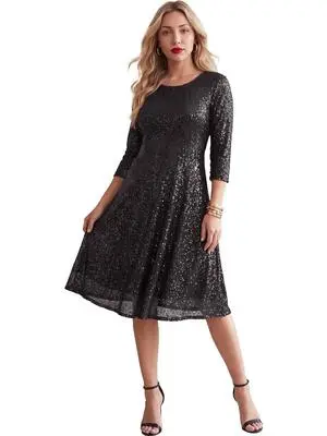 Roaman's Plus Size Sequin Mesh Fit And Flare Dress Black