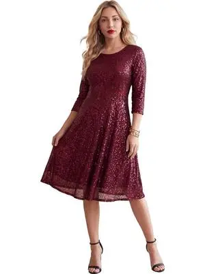 Roaman's Plus Size Sequin Mesh Fit And Flare Dress Rich Burgundy
