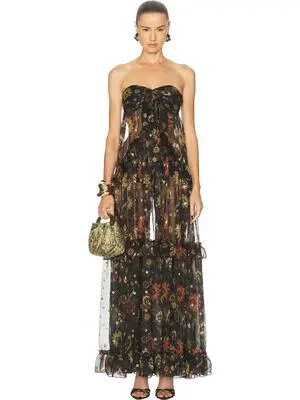 SIEDRES Josiane Sheer Ruffled Maxi Dress In Black - Multi