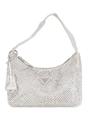Prada Satin Crystal Embellished Re-edition 2000 Shoulder Bag In Metallic Silver - Blue