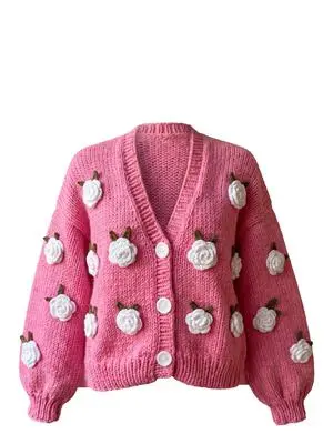 ANA CHIC White Rose Handmade Knitted Cardigan In
