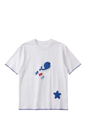 ANA CHIC Blue Whale Handmade Crochet Applique Cotton Tee - White