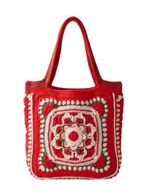 ANA CHIC Medallion Granny Square Handmade Crochet Tote Bag - Red
