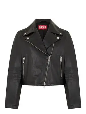 DIESEL® Cropped Leather Jacket With Front Zip And Mandarin Collar - Black