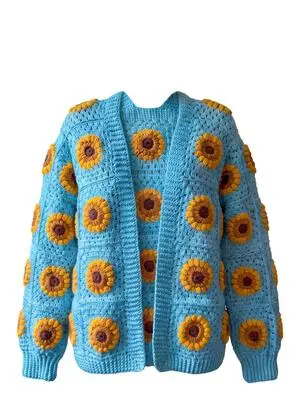 ANA CHIC Turquoise Sunflower Granny Square Handmade Crochet Cardigan - Blue