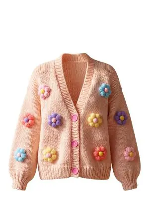 ANA CHIC Neutrals Puff Flower Handmade Knitted Cardigan In Peach - Orange