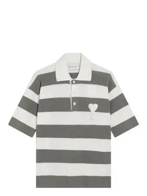 AMI Paris De Coeur Striped Cotton Knit Polo Shirt - White