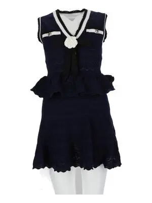 SELF-PORTRAIT Mini Abito In Maglia Traforata Con Volant - Blue
