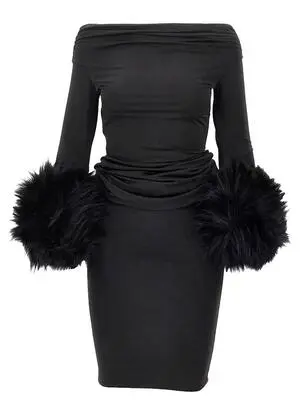 Andamane Faux-fur Trim Off-the-shoulder Maxi Dress Black