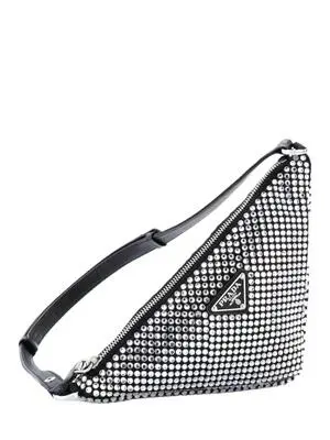 Prada Triangle Top Handle Pouch Bag Crystal Embellished Satin Mini Satchel Black