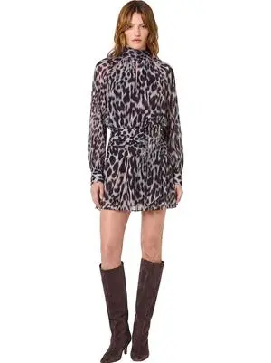 NICHOLAS Courtney Front Neck Tie Printed Mini Dress - Bordeaux Leopard