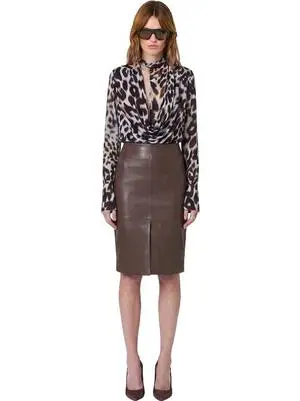 NICHOLAS Amara Double Layer Cowl Neck Printed Blouse - Bordeaux Leopard