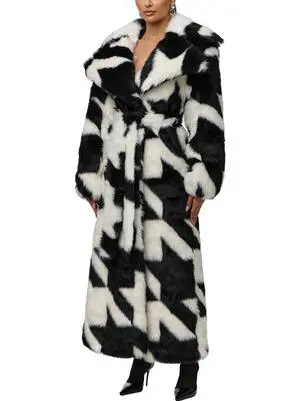 Naked Wardrobe Houndstooth Jacquard Faux Fur Coat - Oversized Houndstooth