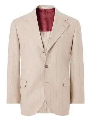 Brunello Cucinelli Pinstripe Wool, Silk And Cashmere-blend Suit Jacket - Camel