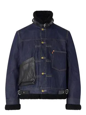 Sacai Levi's Plush And Leather-trimmed Denim Jacket - Blue
