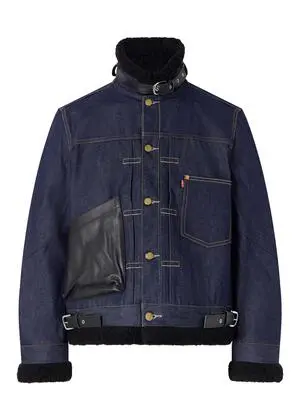 Sacai Levi's Plush And Leather-trimmed Denim Jacket - Navy