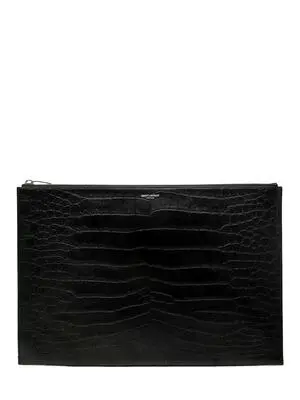 SAINT LAURENT 2016 Croc Embossed Leather Document Holder Clutch Bag
