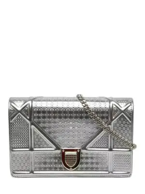 Dior 2019 Metallic Patent Microcannage Diorama Wallet On Chain Crossbody Bag - Silver