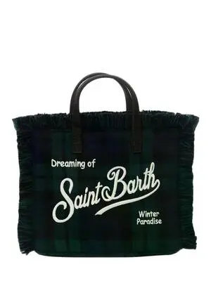 MC2 SAINT BARTH Mini Vanity Fringed-edge Tartan-pattern Tote Bag - Green