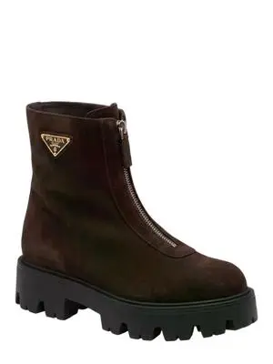 Prada Suede Booties With Zip - Brown