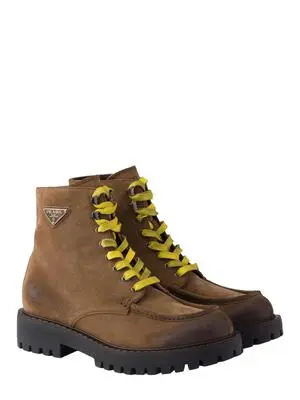 Prada Aged Suede Lace-up Ankle Boots - Brown