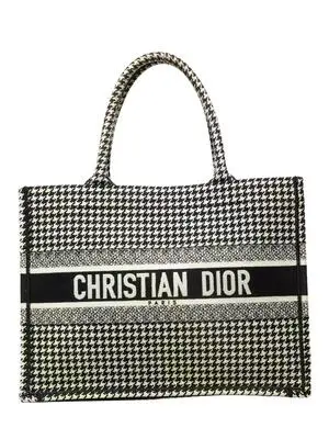 Dior 2019 Medium Canvas Houndstooth Embroidered Book Tote Bag Black