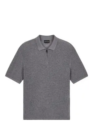 Emporio Armani Polo Collar Sweater In Wool And Lyocell Blend With Patterned Knit - Grey