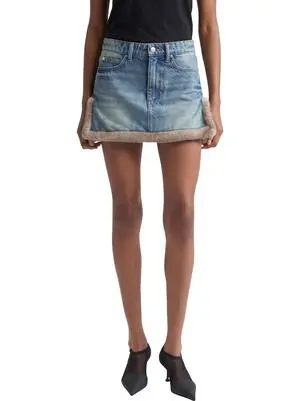 DENIM X ALEXANDER WANG Cotton Denim Mini Skirt With Fur Details Blue
