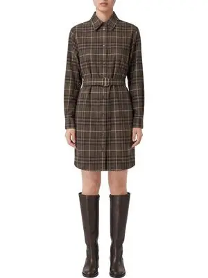 Burberry Check Pattern Cotton Mini Shirt Dress With Waist Belt - Brown