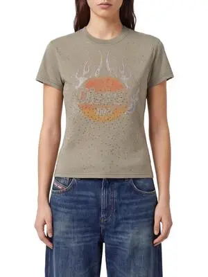 DIESEL® Slim Fit Cotton T-shirt With Rhinestones And Embroidered Logo - Grey