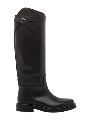 POEVE Knee-high Smooth Calfskin Leather Boots With Straps - Brown