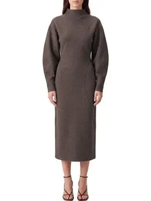Max Mara Wool And Cashmere Blend Midi Pencil Dress With Balloon Sleeves - Grey