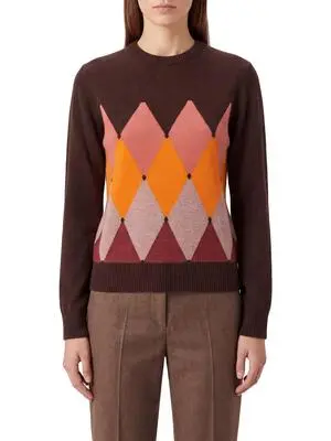BALLANTYNE Argyle Pattern 100% Cashmere Crewneck Jumper - Brown
