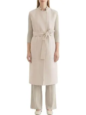 Agnona Long Sleeveless Belted Wrap Coat In Pure Cashmere With Crew Neck - Beige
