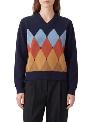 BALLANTYNE Argyle Pattern 100% Cashmere V-neck Jumper - Blue