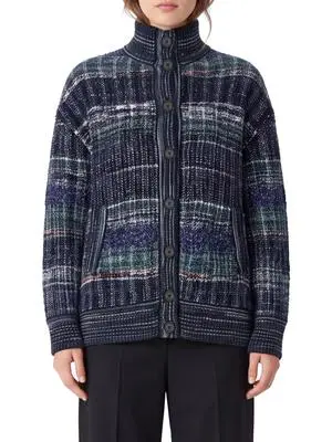 MISSONI Striped Wool Blend High Neck Cardigan With Dropped Shoulders