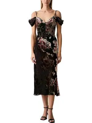 Luisa Spagnoli Generosita Floral-print Off-shoulder Midi Dress - Black