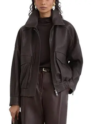 REISS Maeve Grained Leather Collared Jacket Brown