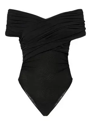 SIR. Off-shoulder Ruched Mesh Bodysuit - Black