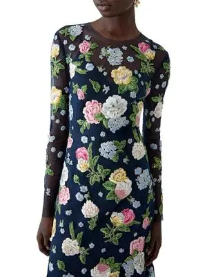 Carolina Herrera Floral Embroidered Tulle Long-sleeve Midi Dress - Midnight