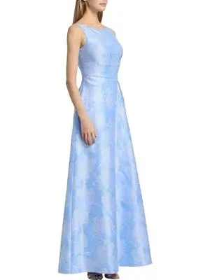 KAY UNGER Caitlin Pleated Floral Jacquard Gown - Spring Blu