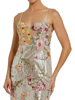 Mac Duggal Bustier Floral Appliqué Gown - Silver Multi