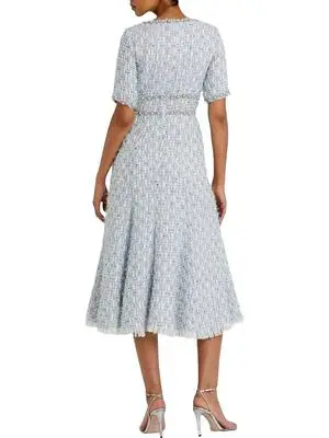 Mac Duggal Short-sleeved Beaded Tweed Midi Dress Blue Multi